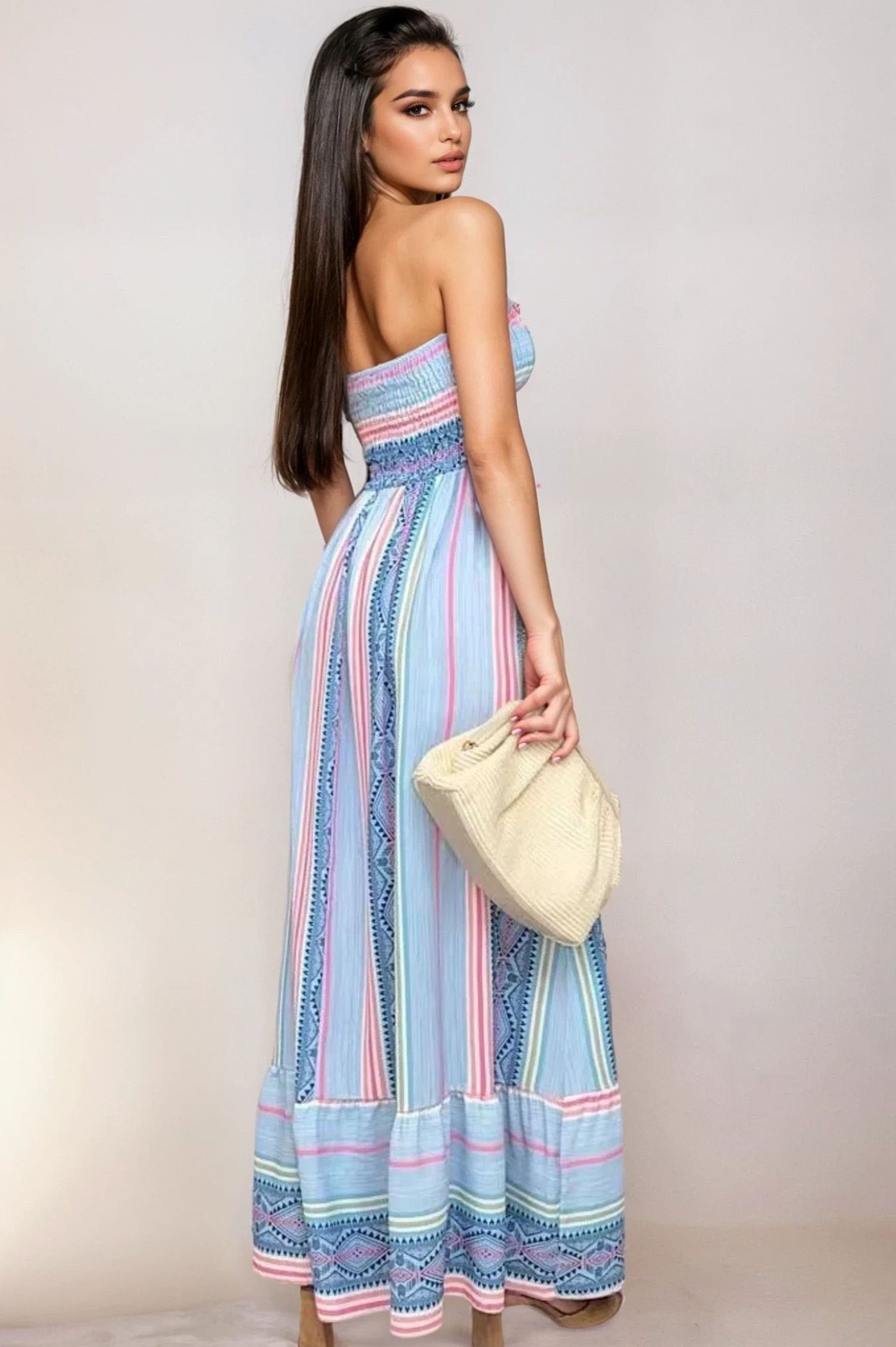 ΦΟΡΕΜΑ MAXI STRAPLESS ΜΕ ΒΟΛΑΝ ΣΤΟ ΤΕΛΕΙΩΜΑ BOHO PRINT - ΓΑΛΑΖΙΟ ...