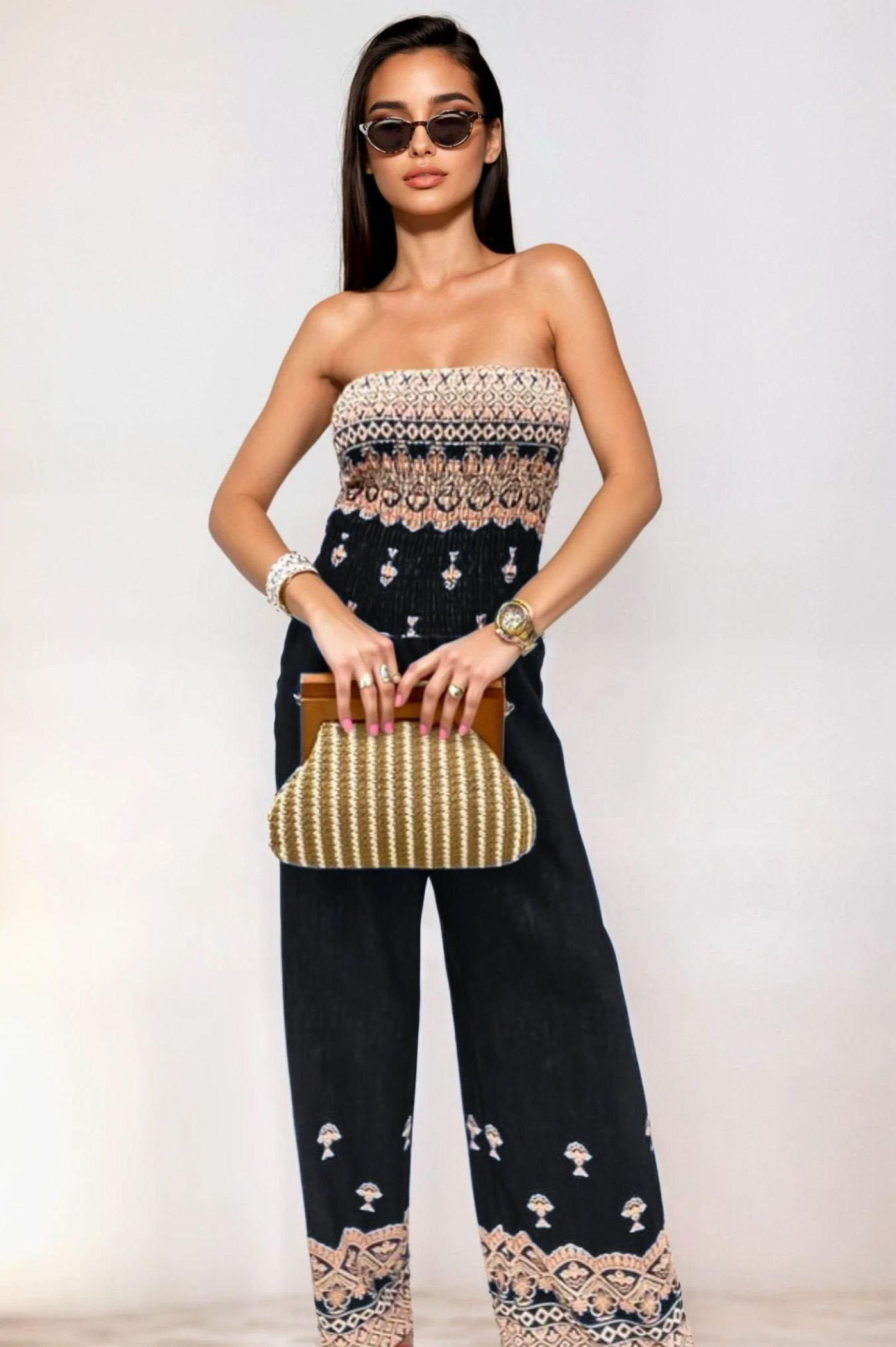 ΟΛΟΣΩΜΗ ΦΟΡΜΑ STRAPLESS ΜΕ ΣΦΗΚΟΦΩΛΙΑ ΚΑΙ ETHNIC PRINT - ΜΑΥΡΟ ...