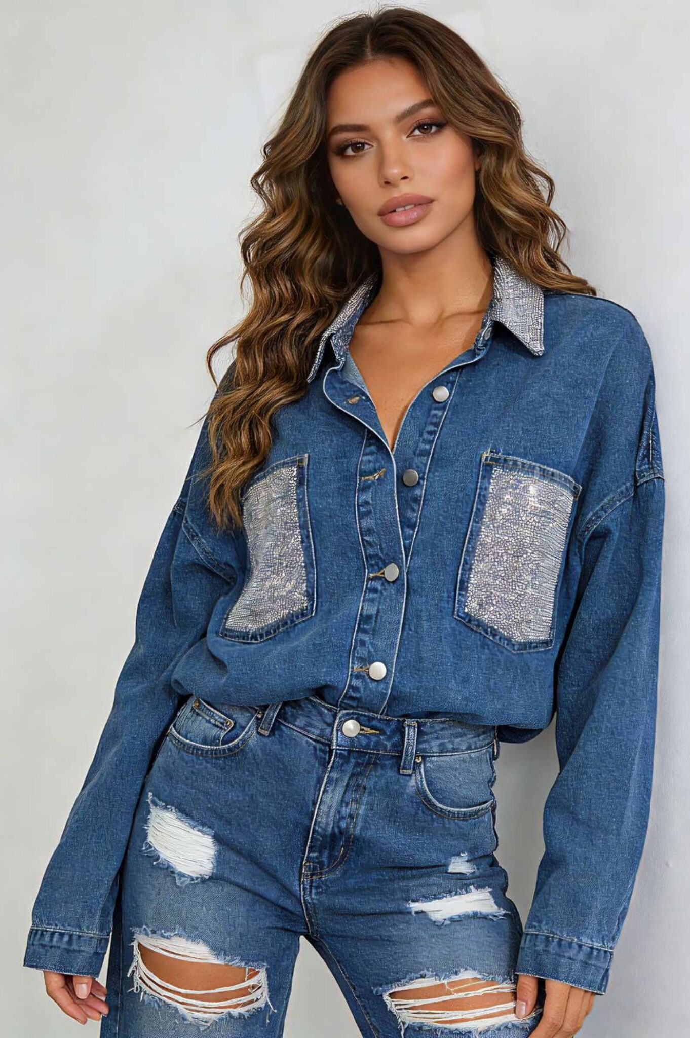 ΠΟΥΚΑΜΙΣΟ JEAN ΜΕ STRASS ΛΕΠΤΟΜΕΡΕΙΕΣ - ΜΠΛΕ | Antithesis Clothing