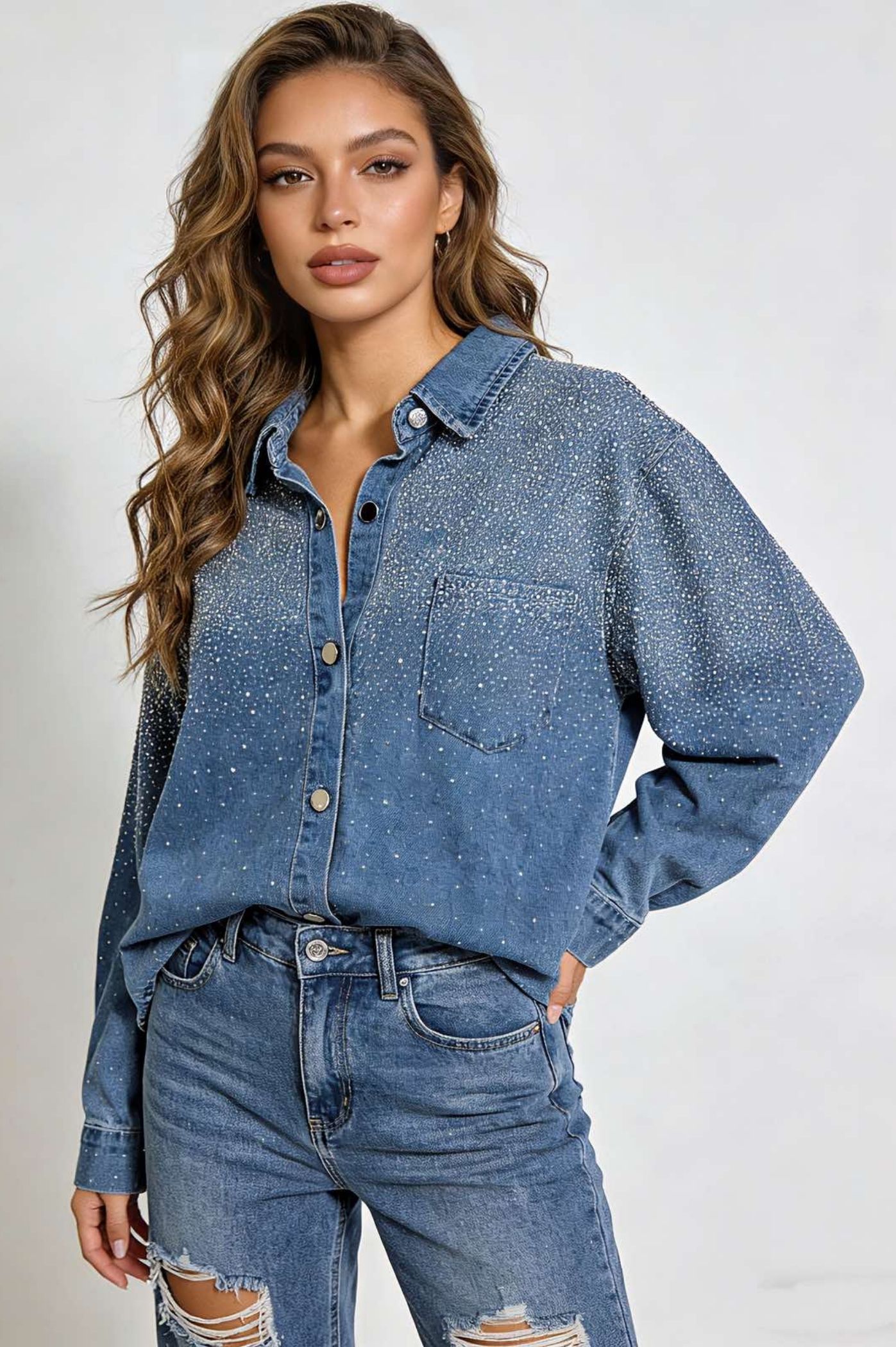 ΠΟΥΚΑΜΙΣΟ JEAN ΜΕ STRASS - ΜΠΛΕ | Antithesis Clothing